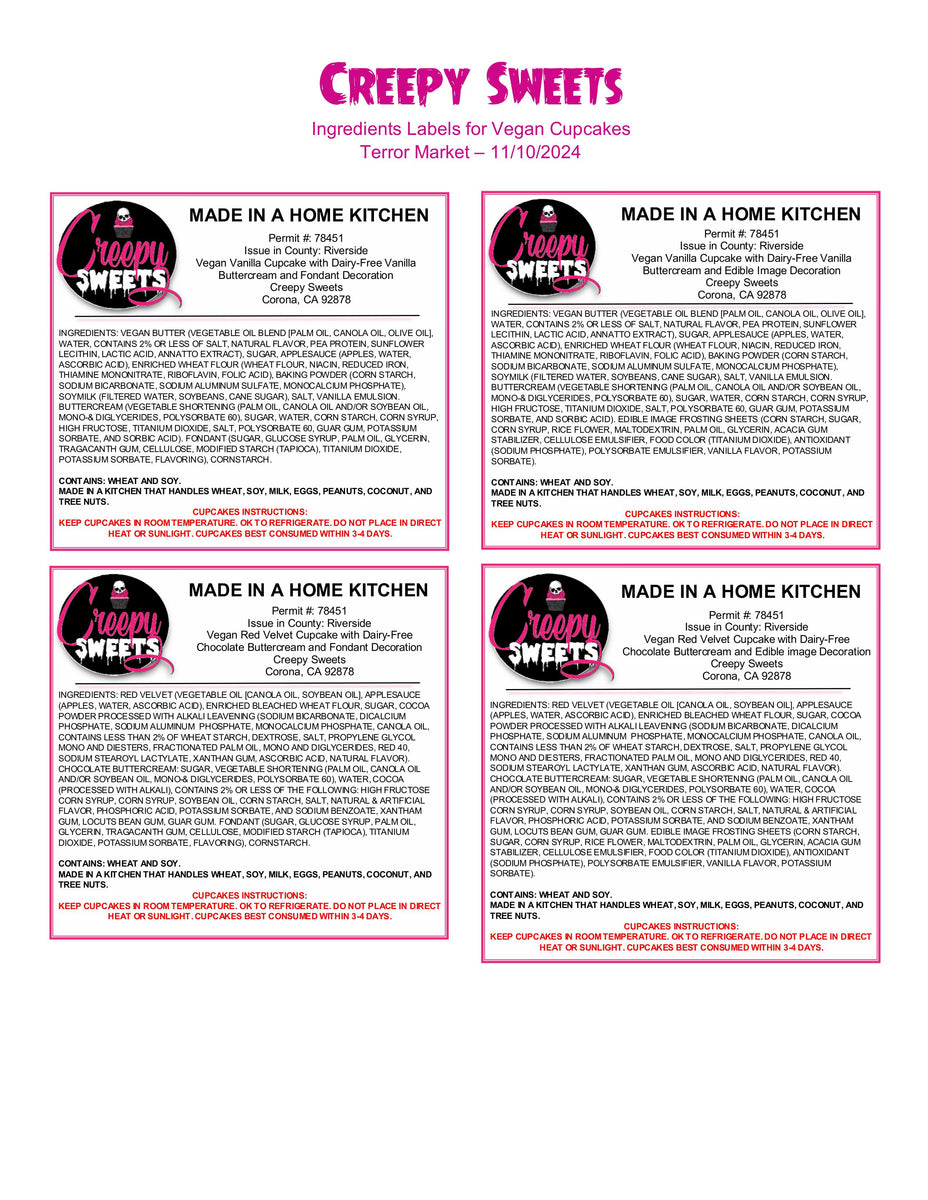 Vegan Cupcakes Ingredients Label - Terror Market – Creepy Sweets